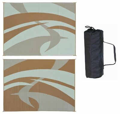 Tan Beige Swirl Outdoor Patio Deck RV Mat Reversible Rug 9 x 12 ft Camp ...