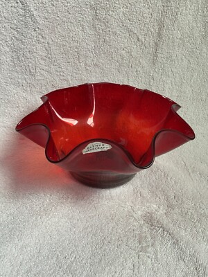 Blenko Ruby Red Ruffle Glass Bowl with Sticker Hand Blown 10.5” 7137 ...