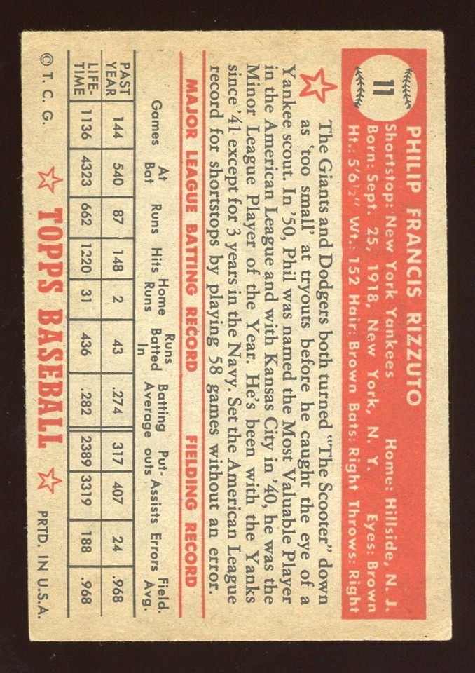 1952 Topps Baseball #11 Phil Rizzuto Set-Break *Beautiful* | eBay