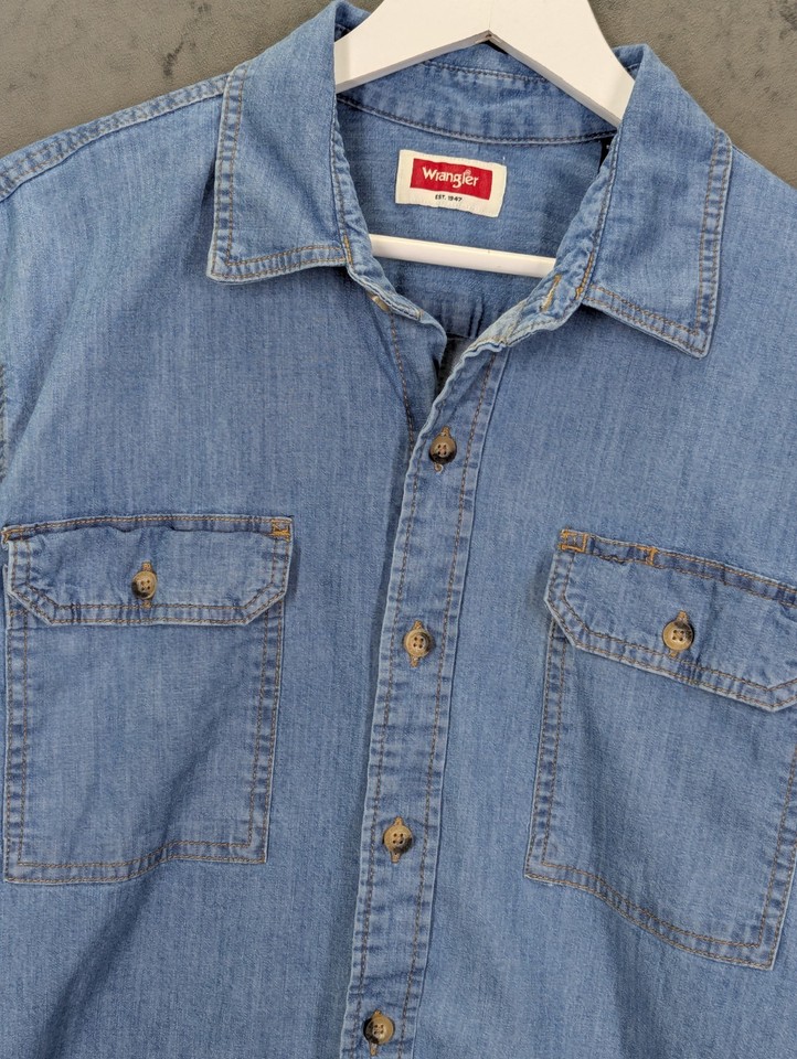 Wrangler Denim Shirt Men Size Large Relaxed Contrast Stitch Blue Cotton ...