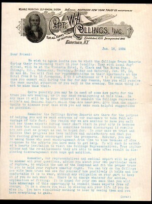 1924 Watertown NY - Capt W A Collings Inc - Ruptures Truss - RARE ...
