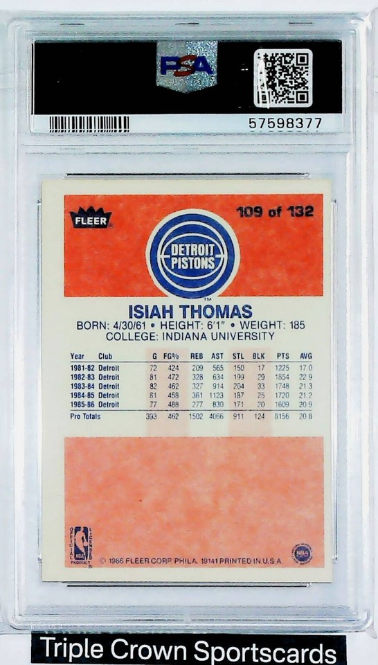 1986 Fleer Basketball #109 Isiah Thomas ROOKIE RC Detroit Pistons PSA 7 ...