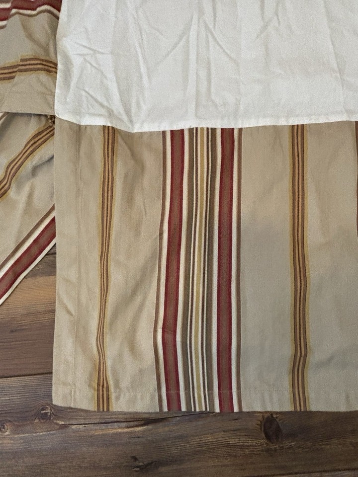 POTTERY BARN Queen Bed Skirt Striped Cotton Dust Ruffle Cottage Red Tan ...