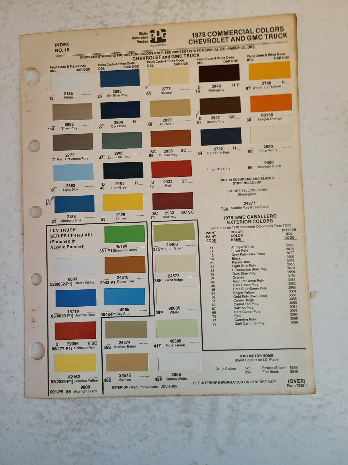 1978 Commercial Colors Chevrolet and GMC Truck Paint Color Chip Chart ...