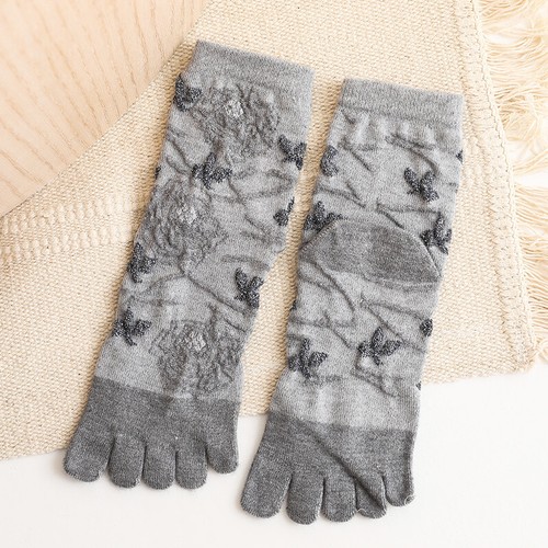 3Pairs Lady Warm Toe Socks Five Fingers Jacquard Flower Ethnic Retro ...