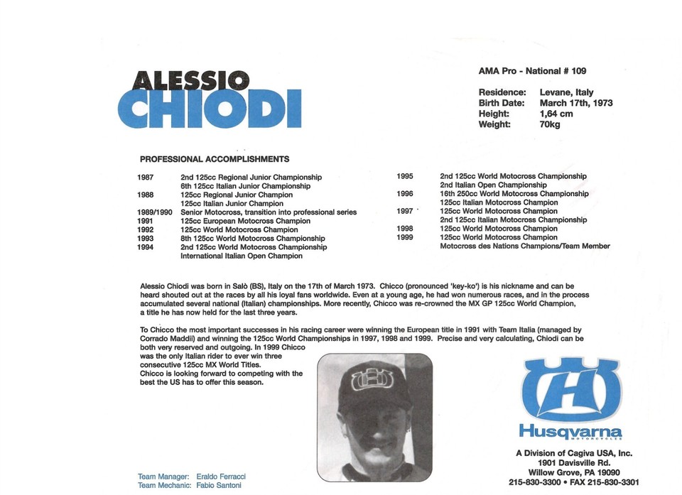 Vintage 1999 Alessio Chiodi Poster Card Ferracci Husqvarna Motocross ...