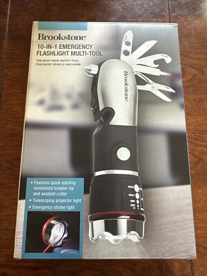 Brookstone 10 in 1 Emergency Flashlight Multitool Glass Breaker Safety ...