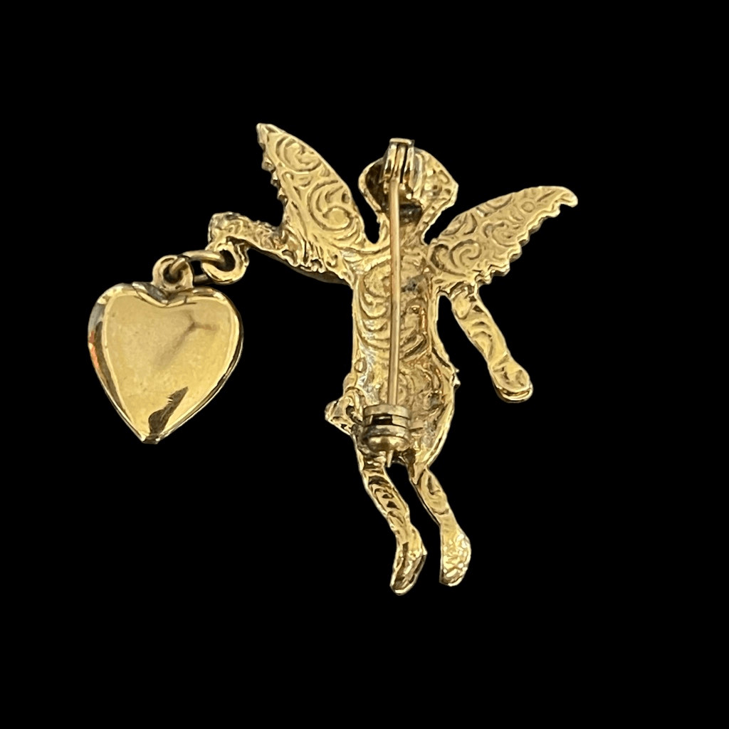 1928 Angel Wings Cherub Gold Tone Brooch Pin Dangle H… - Gem