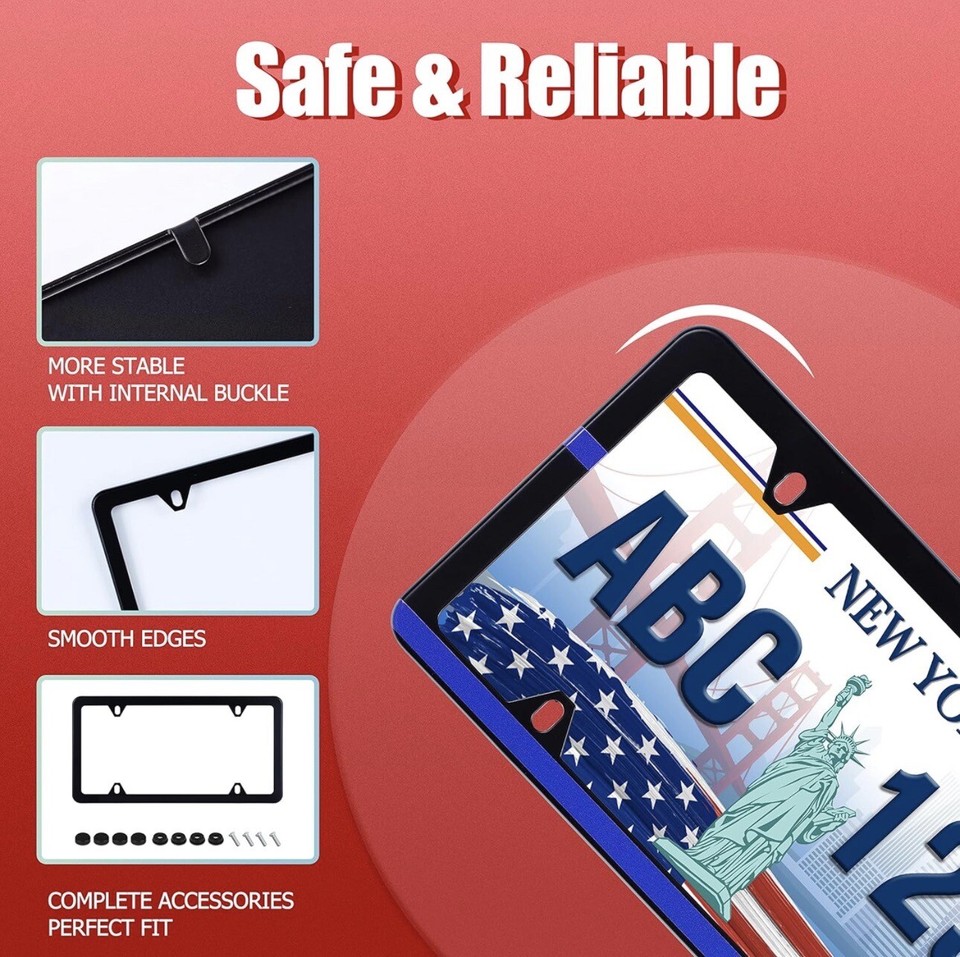 Blue Thin Line Black Stainless Steel Slim License Plate Frame | eBay