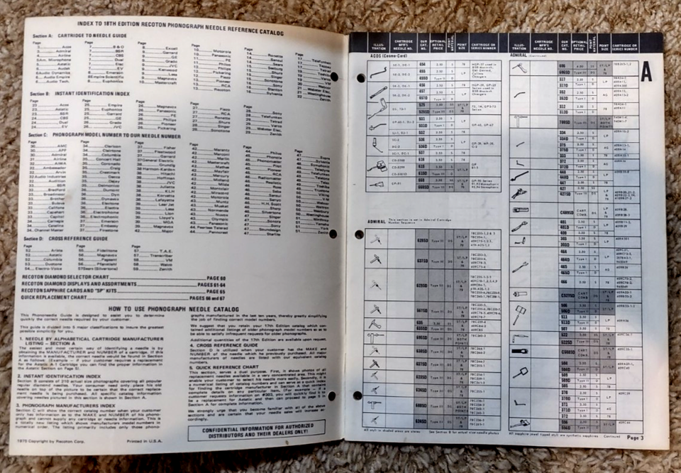 Recoton, 18th Edition, Phonograph Needle Catalog, The Diamond Selector ...