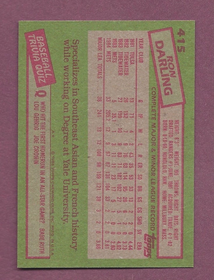 RAZOR SHARP PACK FRESH 1985 TOPPS #415 RON DARLING ROOKIE .99SHIP N621 ...