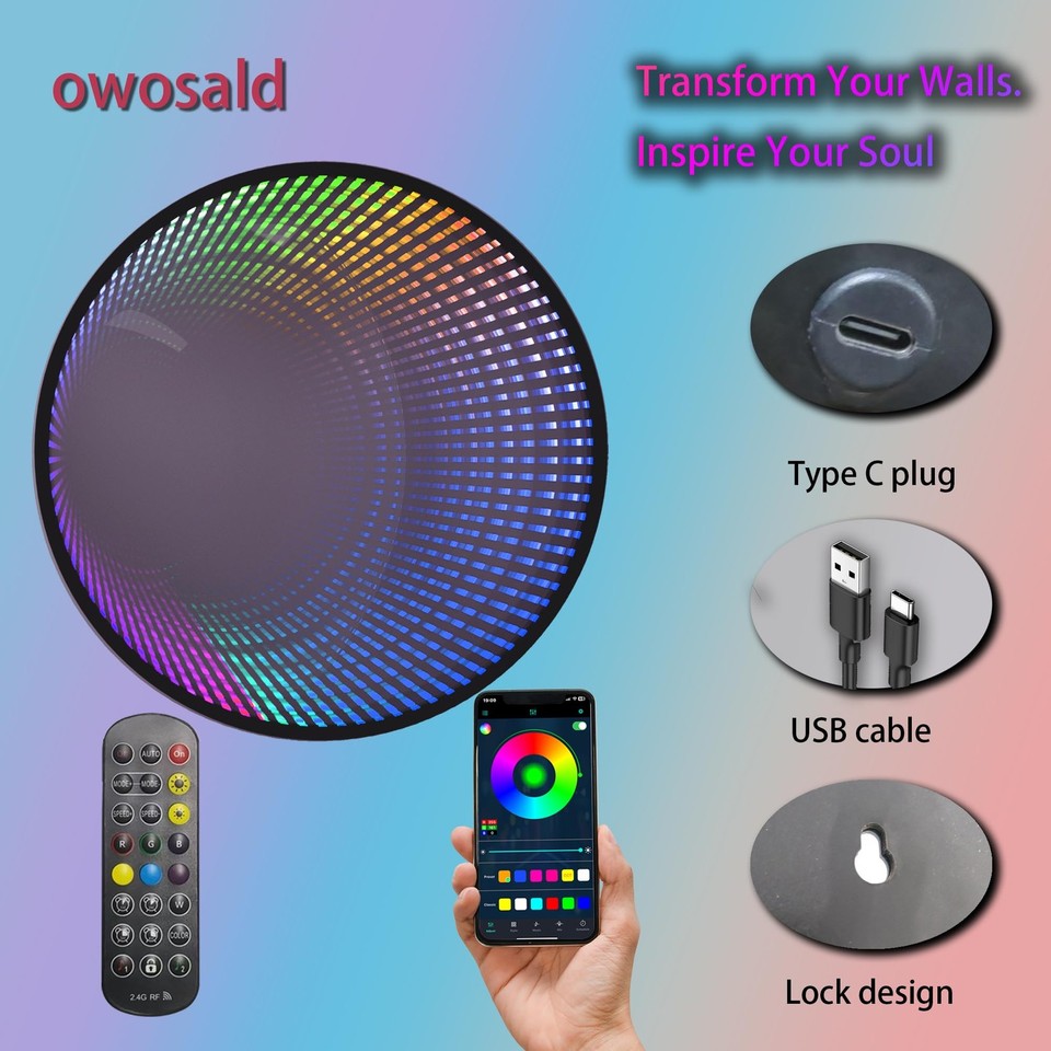 Infinity Mirror Lights 16.5" Round with App & Remote Control, USB ...