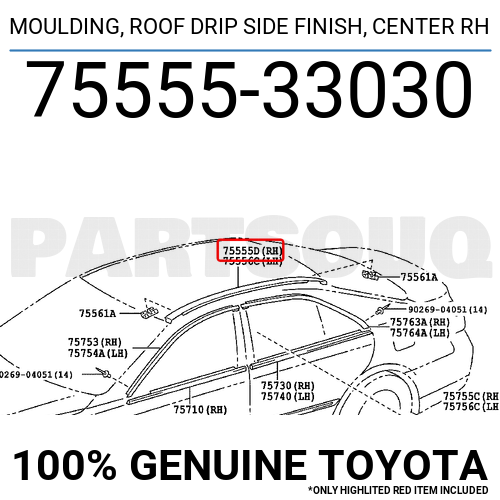 7555533030 Genuine Toyota MOULDING, ROOF DRIP SIDE FINISH, CENTER RH ...