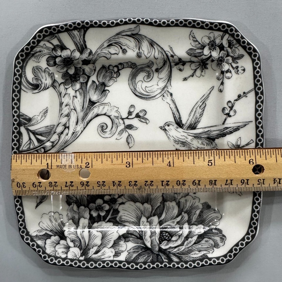 222 Fifth Adelaide Grey Square Dessert Plate Black White Bird Floral ...