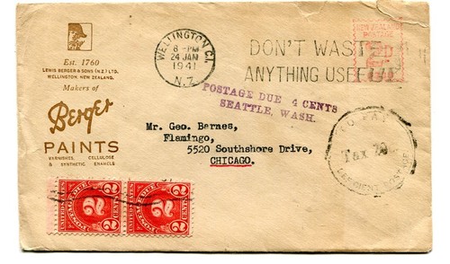 USA 1941 incoming cover from NZ “POSTAGE DUE 4 CENTS SEATTLE, WASH ...