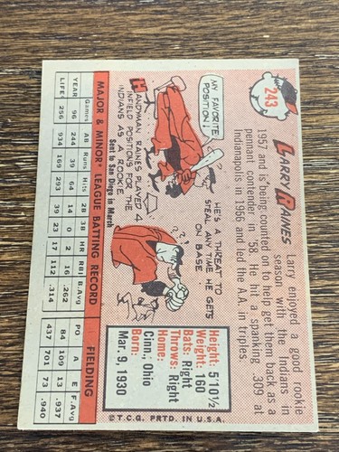 1958 TOPPS LARRY RAINES #243 RC ROOKIE INDIANS EX-MT OR BETTER | eBay