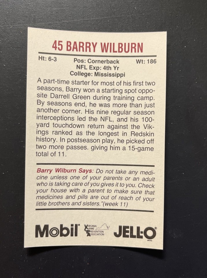 1988 WASHINGTON REDSKINS POLICE BARRY WILBURN WASHINGTON REDSKINS MOBIL JELLO | eBay