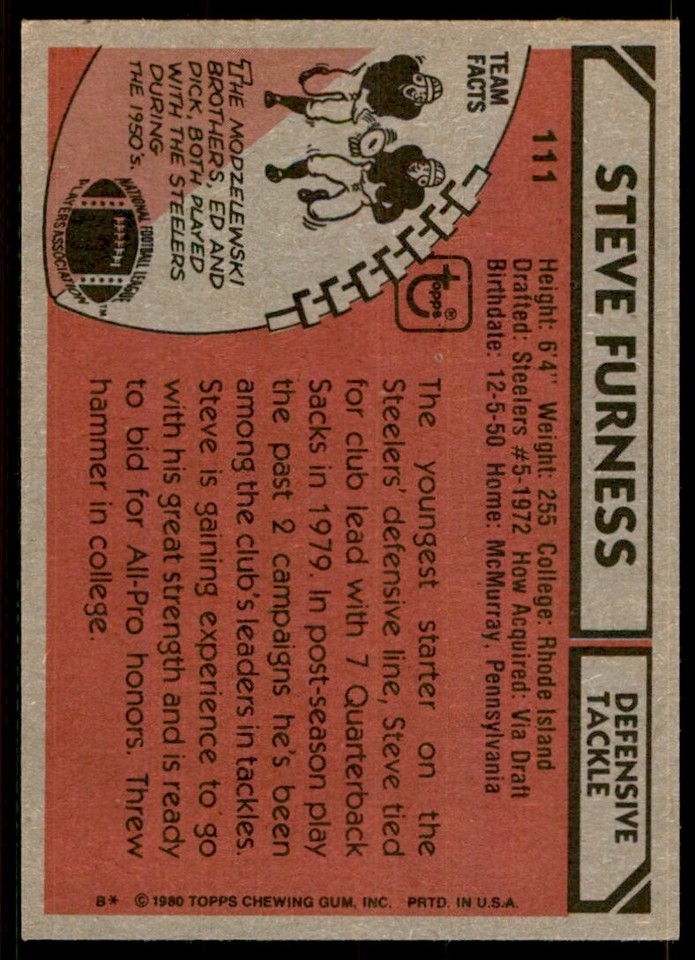 1980 TOPPS STEVE FURNESS PITTSBURGH STEELERS #111 | eBay