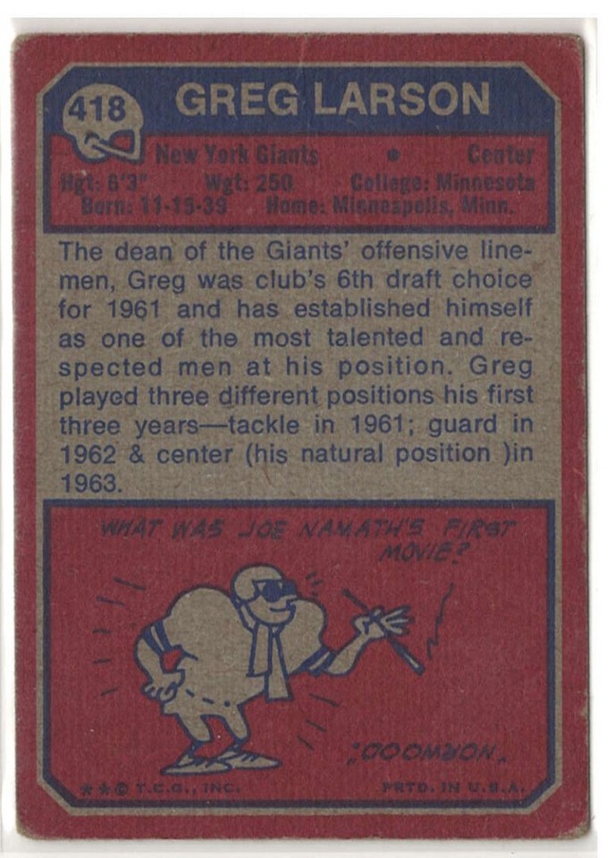 1973 Topps Football #418 Greg Larson New York Giants | eBay
