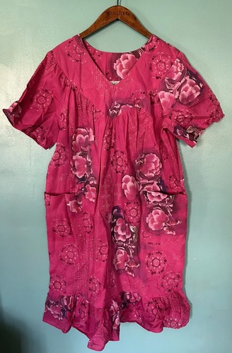 Vtg Hawaiian Habart MuuMuu Pink MuMu House Dress Flowers Pocket Ruffle ...