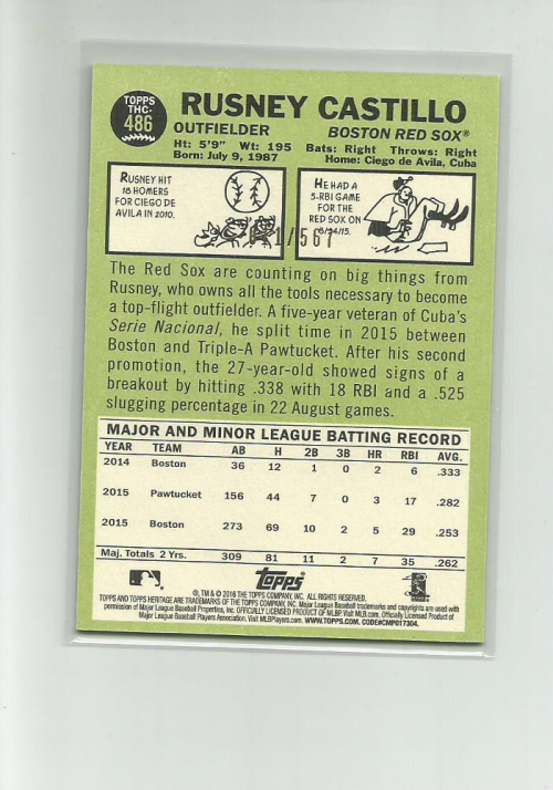 2016 TOPPS HERITAGE CHROME REFRACTORS #THC486 RUSNEY CASTILLO 011/567 ...
