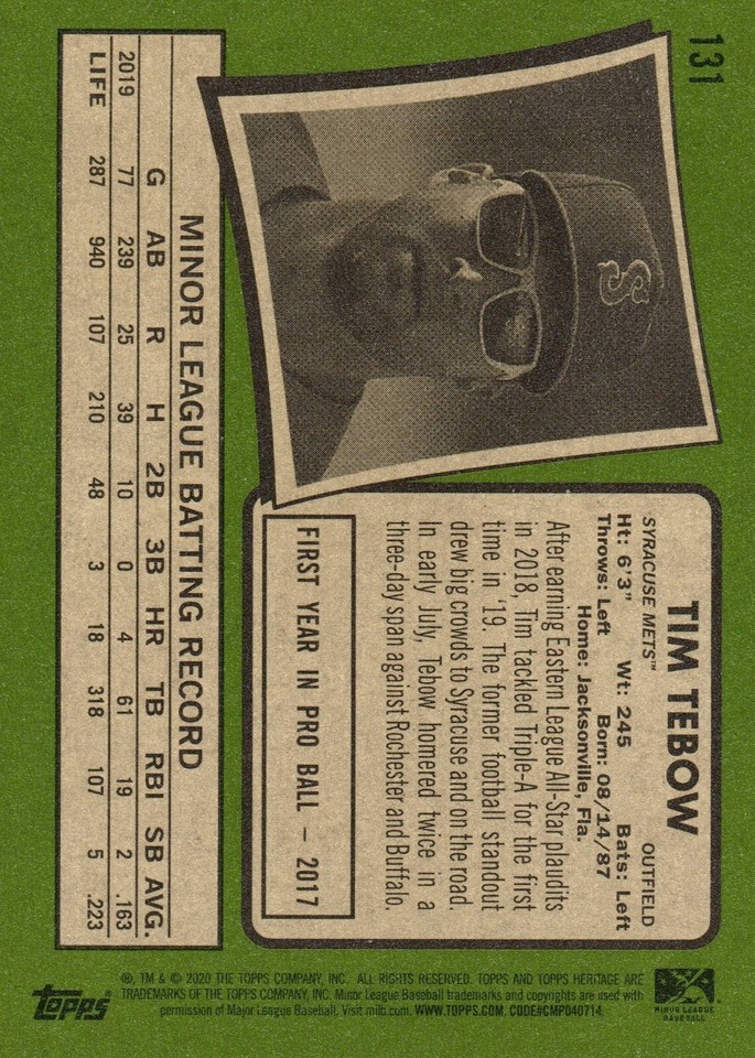 2020 Topps Heritage Minors PROSPECT #131 Tim Tebow ROOKIE CARD New York ...