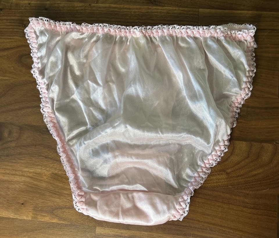 Vtg Nylon String Bikini Panties RARE Sz L Second Skin Lace PINK Shiny ...