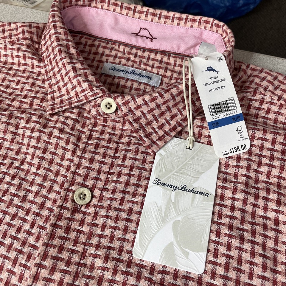 Tommy Bahama Shasta Shores Check Hawaiian Shirt Mens Size XL Red Silk ...