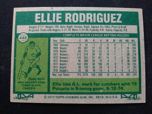 1977 Topps Baseball Card # 448 Ellie Rodriguez - Los Angeles Dodgers | eBay