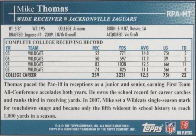 2009 Topps Mike Thomas #RPA-MT for sale | eBay