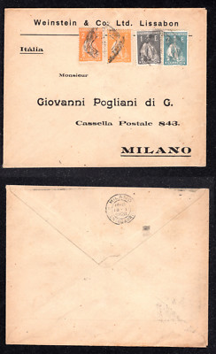 1926 Portugal Cover from Lisbon to Milan, Italy. Ceres 2c + 50c + 1E ...