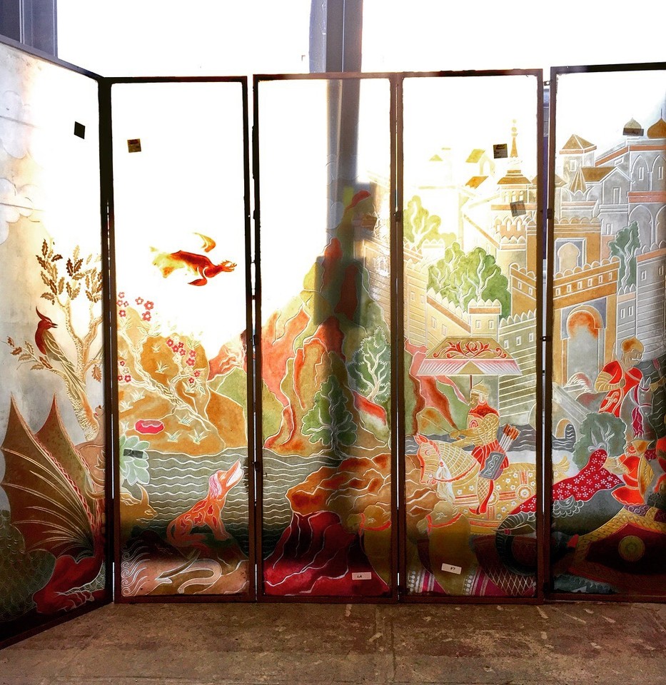 Antique Art Deco Asian Screen Lalique Style Acid Etched Glass Room ...