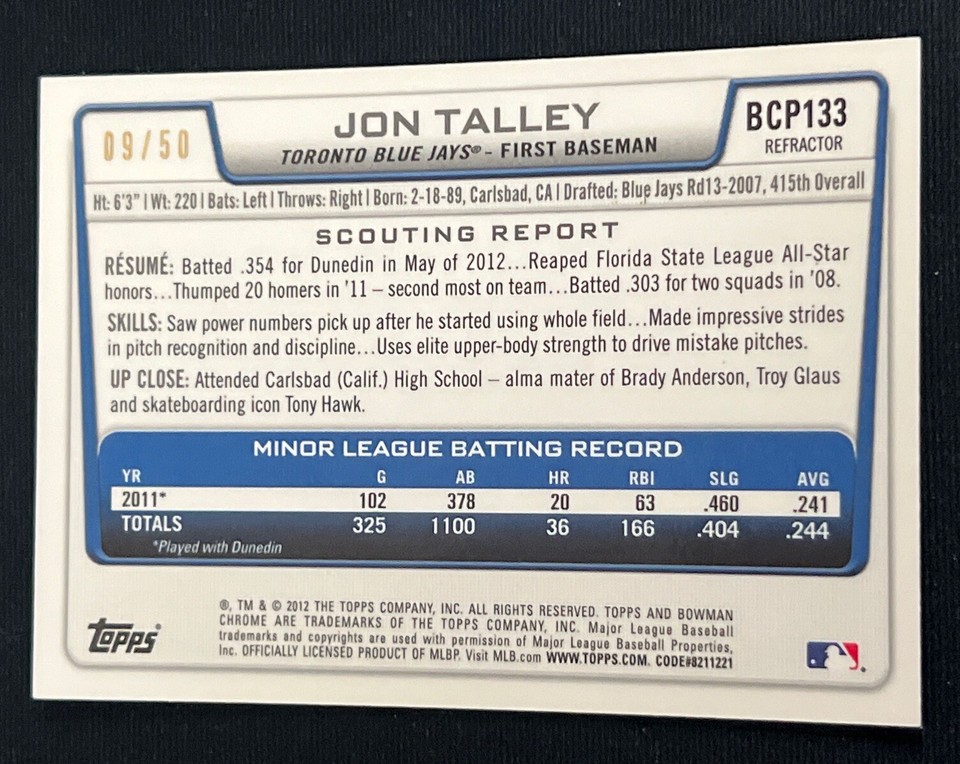 2012 Bowman Chrome Prospects Gold Refractor 09/50 Jon Talley #BCP133 ...
