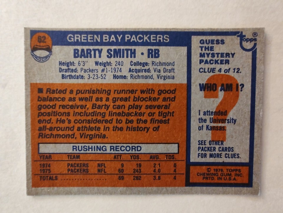 BARTY SMITH Green Bay PACKERS 1976 TOPPS FOOTBALL CARD #62 | eBay