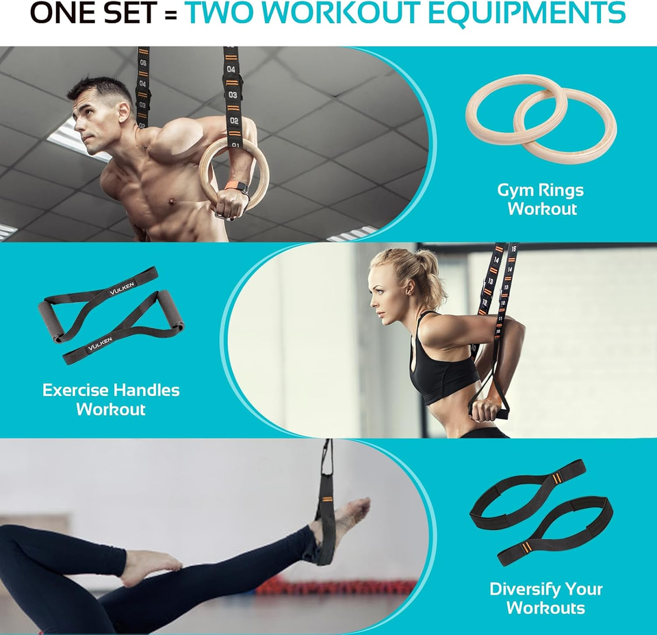 Wooden Gymnastic Rings with Adjustable Numbered Straps. 1.1'' Olympic ...