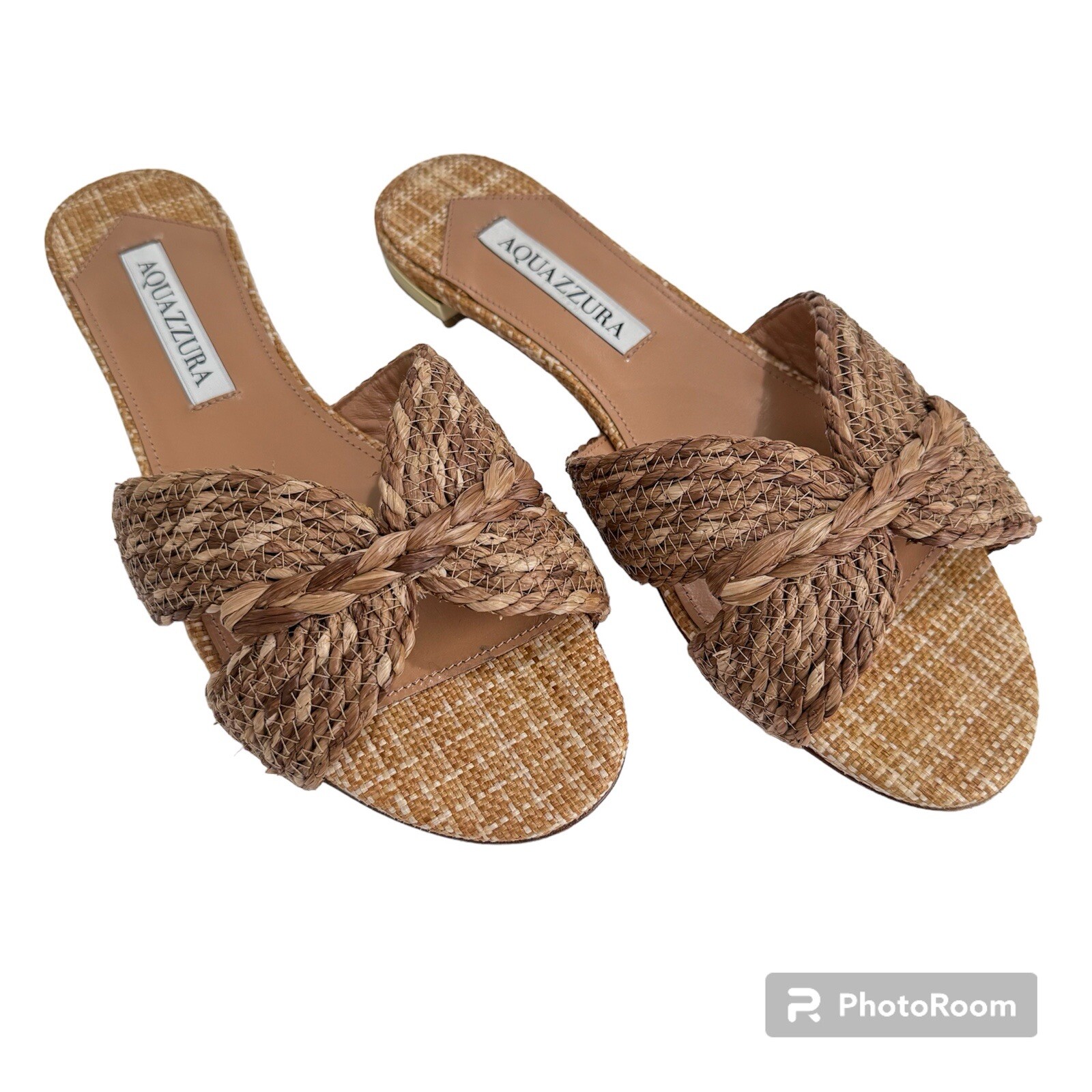 Aquazzura Rope Woven Raffia Flat Sandals Size 37 Gold… - Gem
