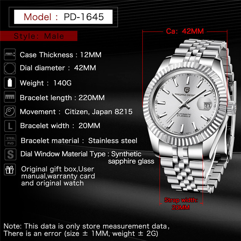 PAGANI DESIGN Men's Automatic Watches Stainless Steel Sapphire Silver ...