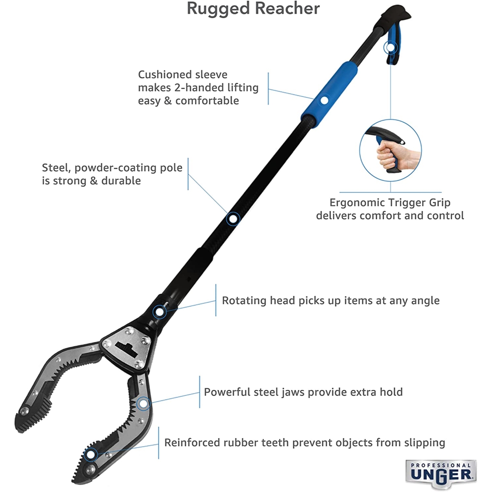 Unger Rugged Reacher Heavy Duty Grabber Tool for Outside Clean-up, 42.5 ...