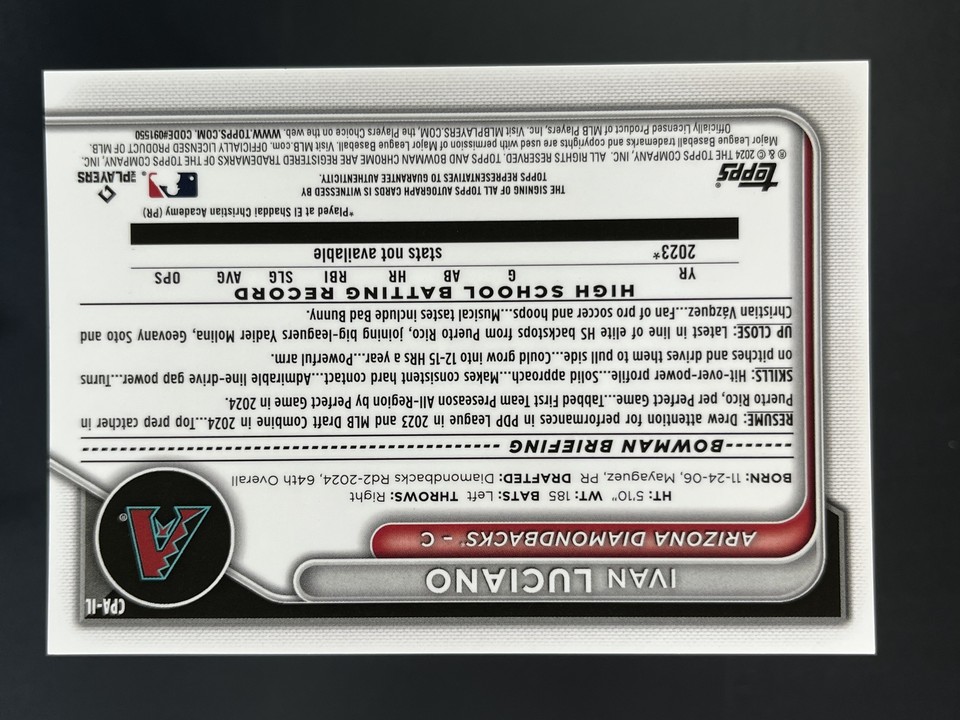 2024 Bowman Draft Ivan Luciano 1st Chrome Blue Refractor Auto /150 ...