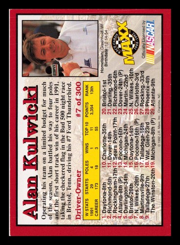 1992 Maxx (Red) #7 Alan Kulwicki | eBay