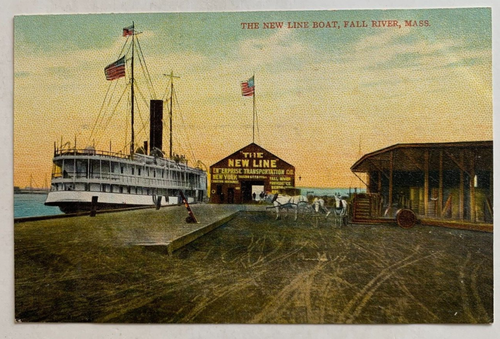 ca 1900s MA Postcard Fall River Massachusetts The New Line Boat wharf ...