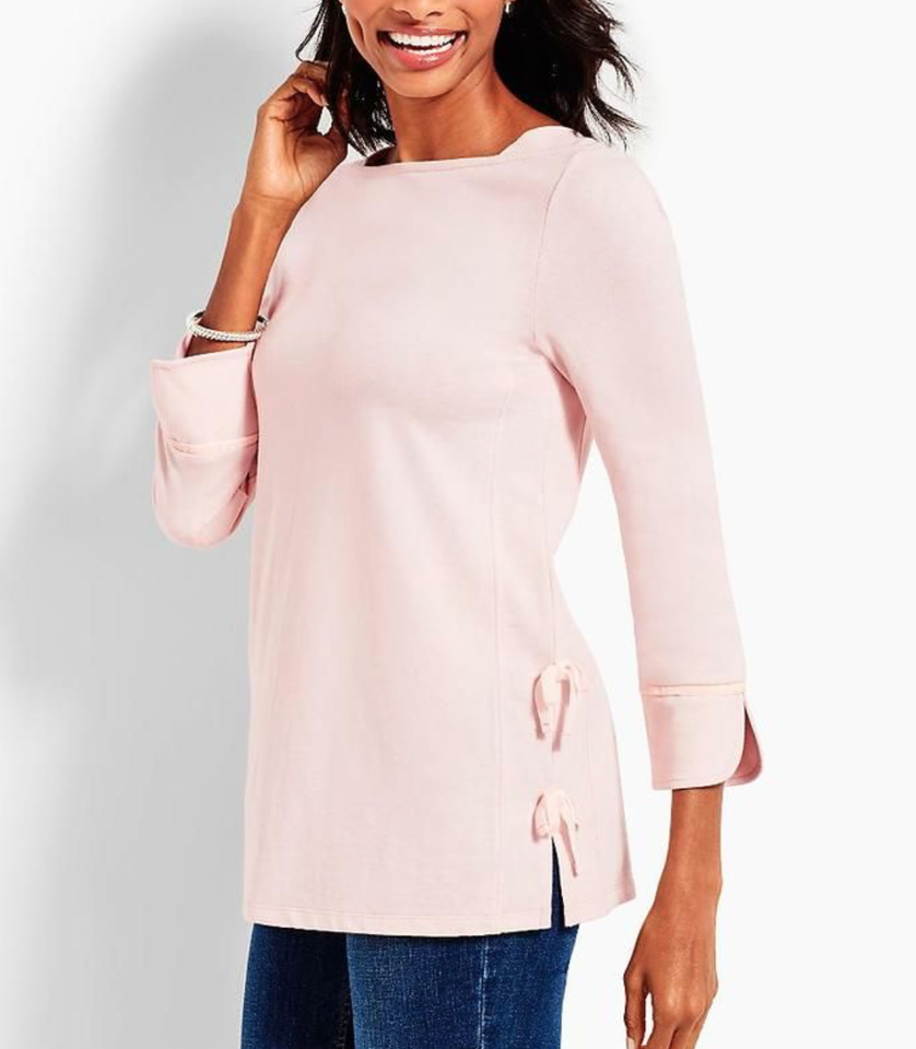 TALBOTS NAVY BLUE 3/4 SLEEVE ENVELOPE NECK SIDE BOWS COTTON TOP TEE ...