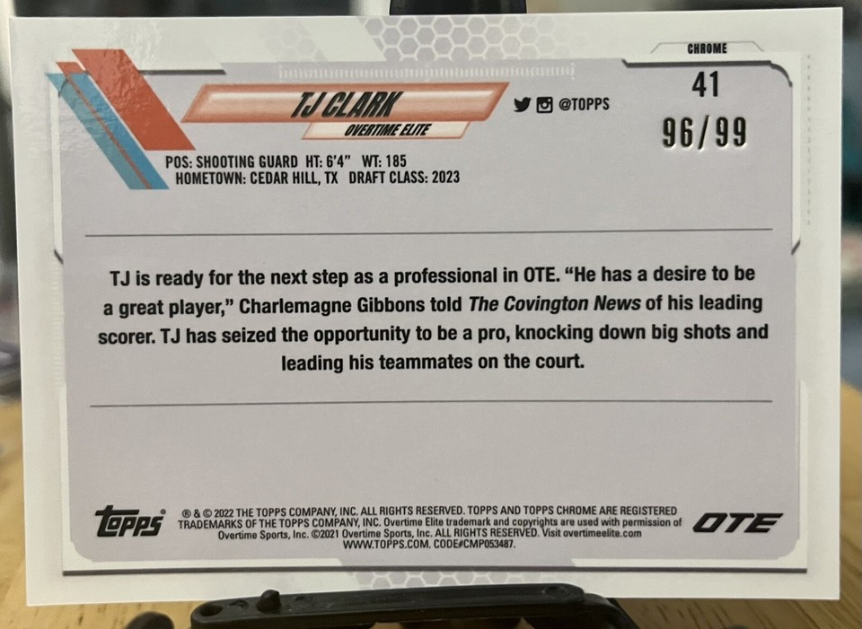 2021-22 Topps Chrome Overtime Elite Basketball #41 TJ Clark Blue Wave ...