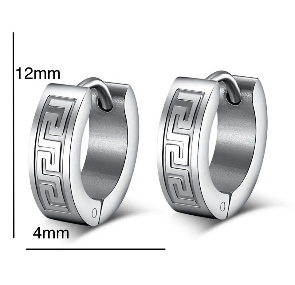 Greek Key Hoop Earrings Silver Stainless Steel | eBay