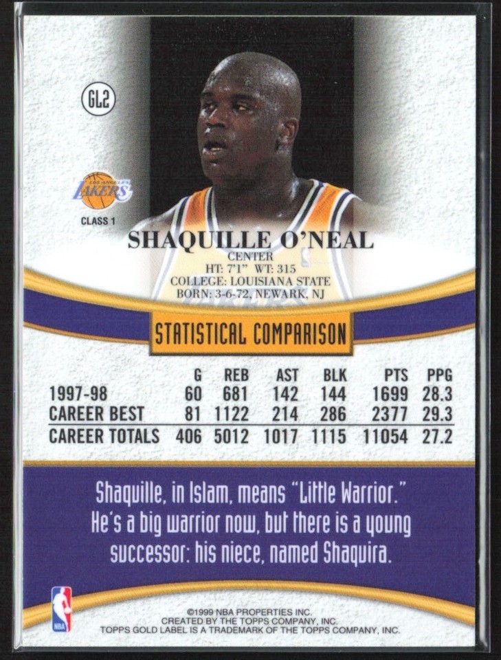 Shaquille O'Neal 1998-99 Topps Gold Label #GL2 Los Angeles Lakers | eBay