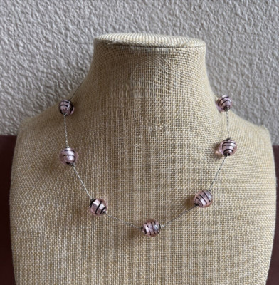 Dainty Collar Necklace With Pink Art Glass Beads With Painted Black ...