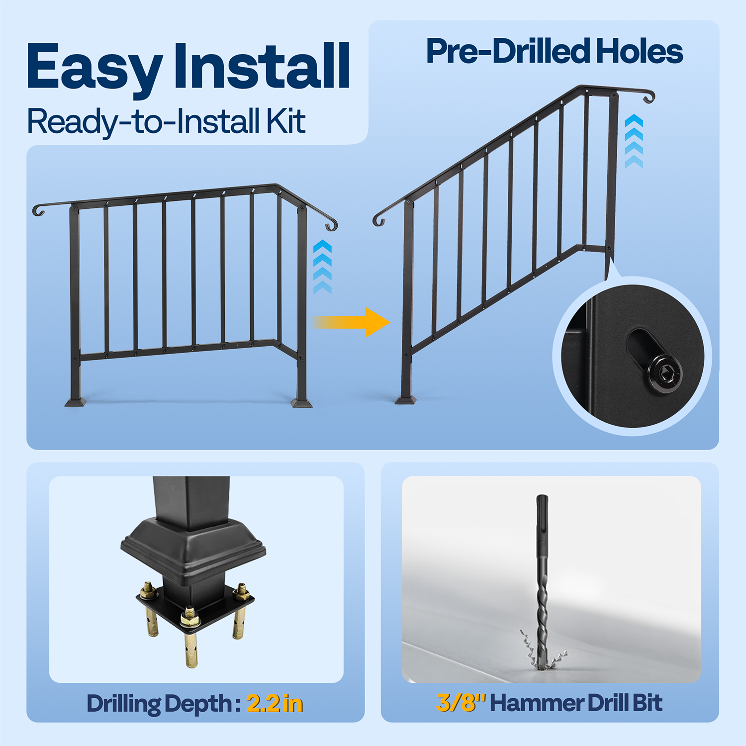 2 Pack Outdoor Stair Hand Rails 4 Step Porch Deck Railing Kit ...