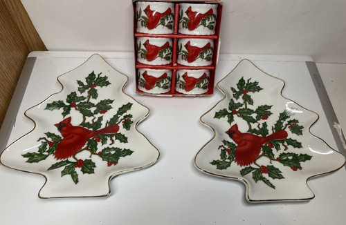 2 Lefton China Cardinal Holly Christmas Tree Candy Dish 6 Matching ...