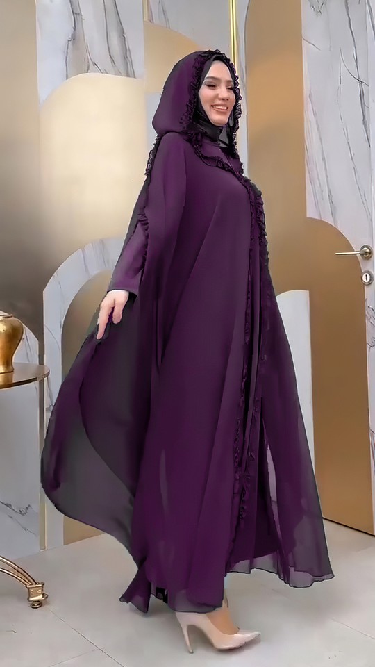 Abaya Women Chiffon Hooded Kaftan Long Dress Set Muslim Burqa Evening ...