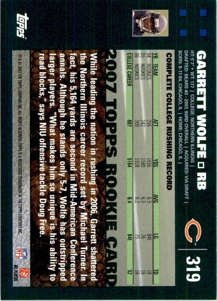 2007 TOPPS GARRETT WOLFE ROOKIE CHICAGO BEARS #319 | eBay